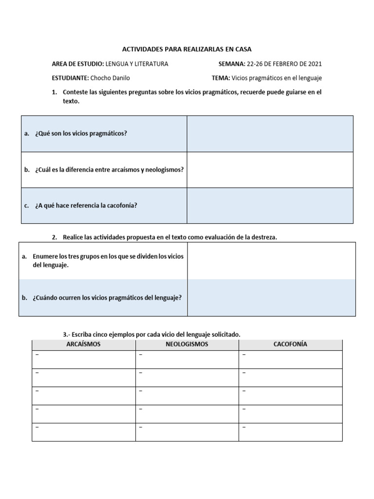 Actividades para Chocho Danilo | PDF