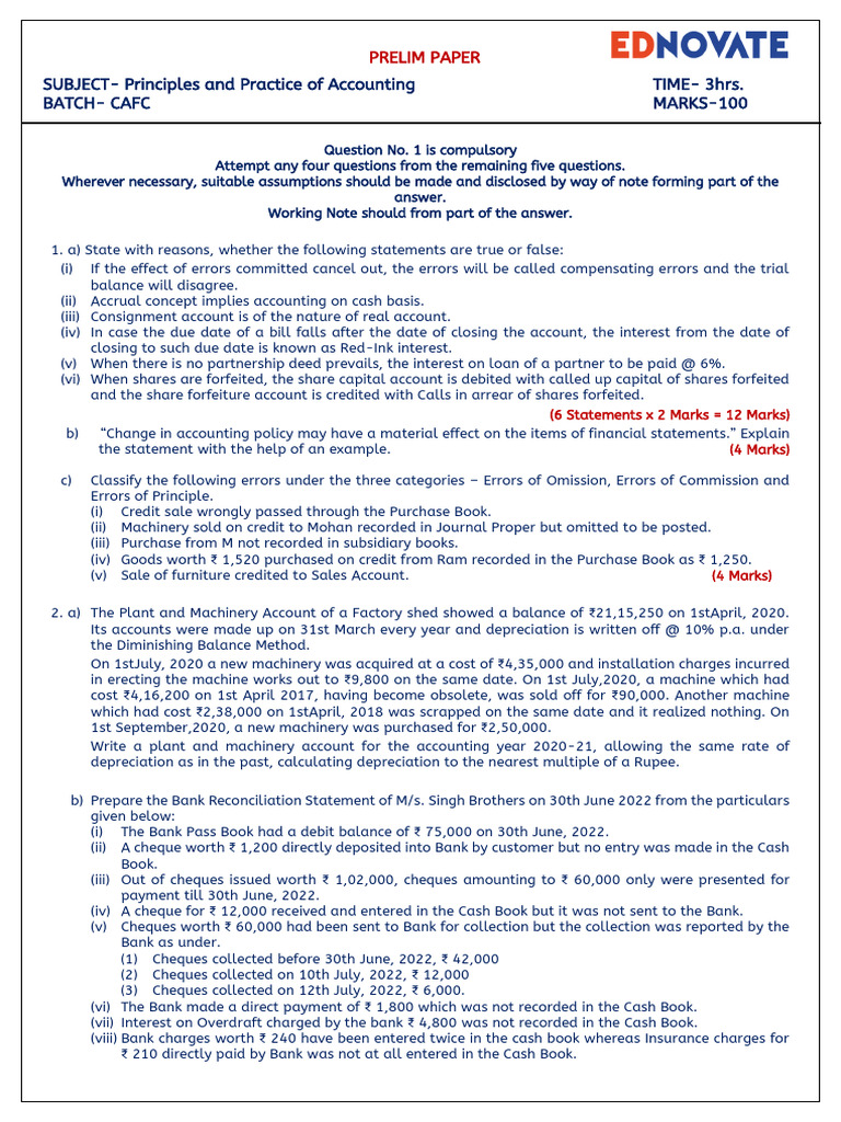 Accounts Prelim Paper 28-11-23 | PDF | Debits And Credits | Cheque