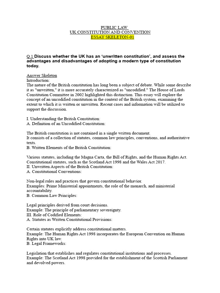 UK Constitution & Convention Essay Skeleton-1 | PDF | Constitution ...