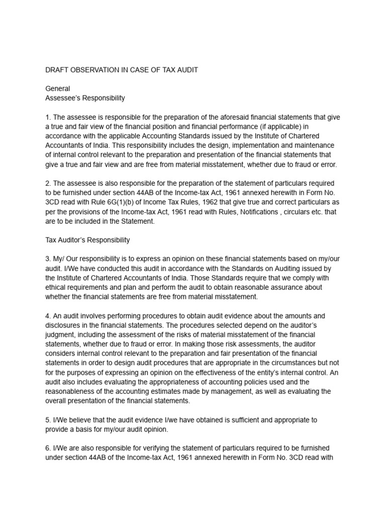 Draft Observations For Tax Audit Report | PDF | Financial Audit | Audit