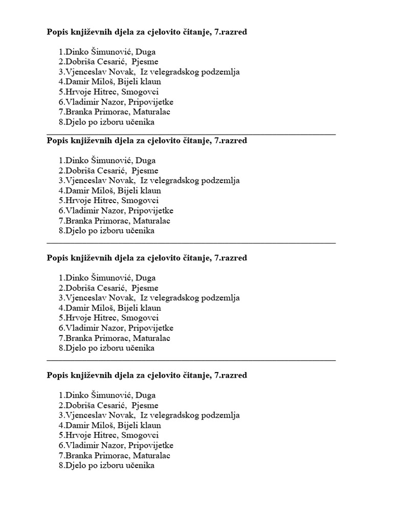 B Razred Lektira | PDF