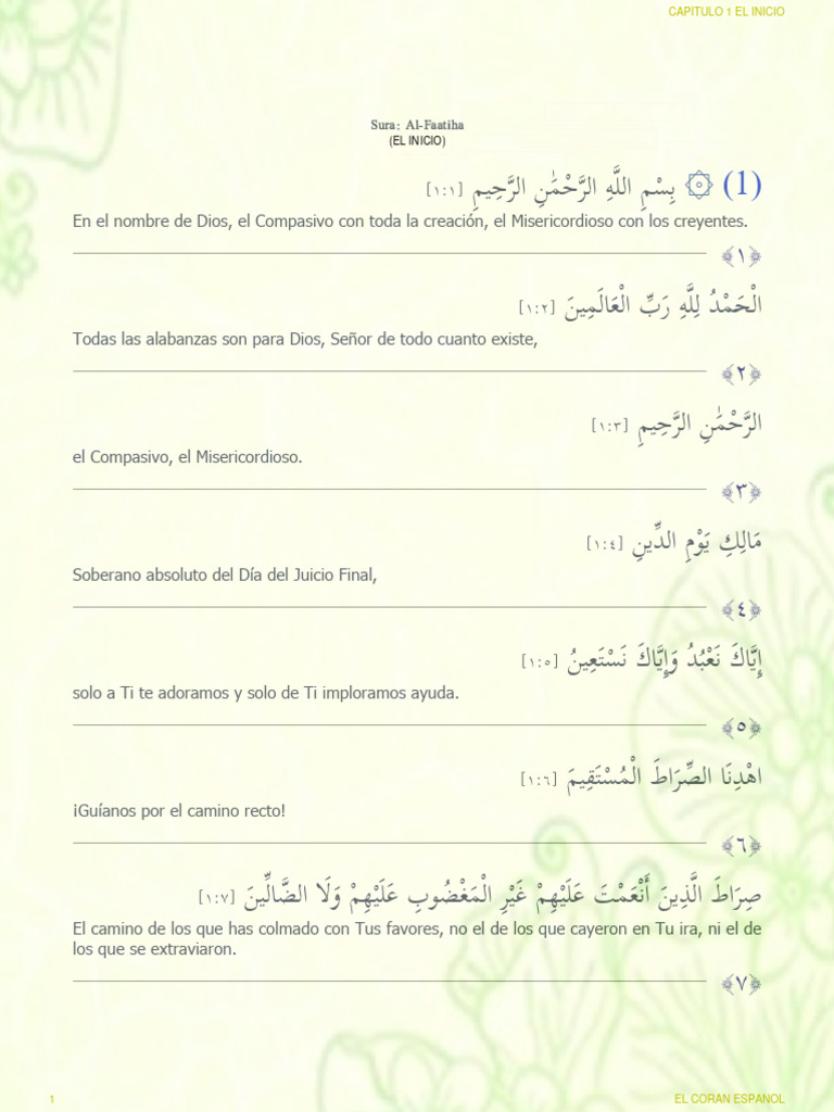 El Sagrado Coran Espanol Sentido Sura 1 Al Faatiha PDF | PDF | Creencia ...