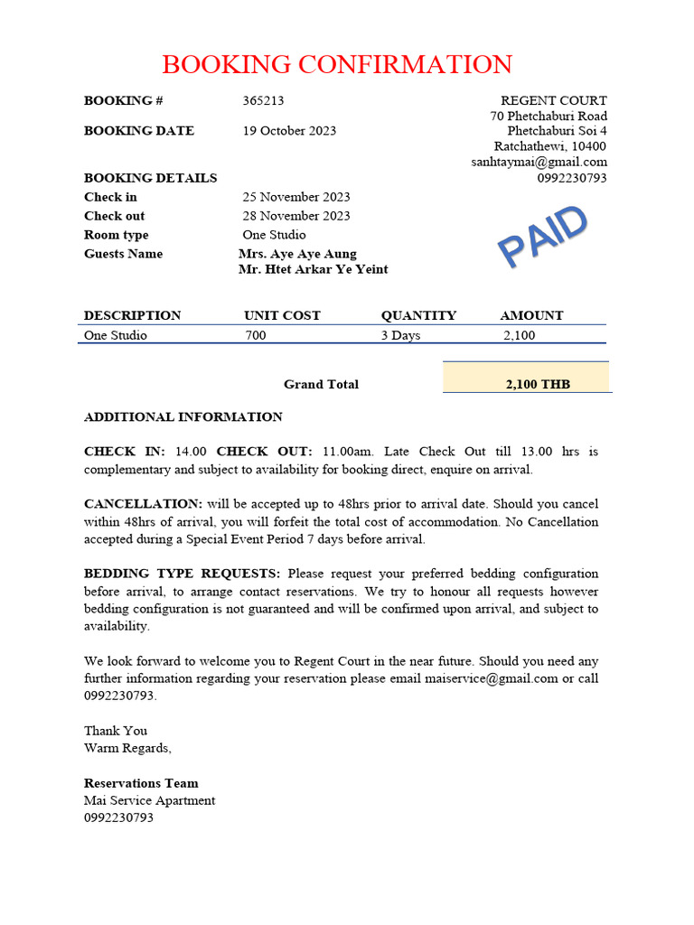 365213, Booking Confirmation (Mrs. Aye Aye Aung+1) | PDF