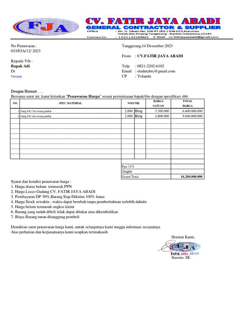 Surat Penawaran CV. Fatir Jaya Abadi PAK ADI | PDF