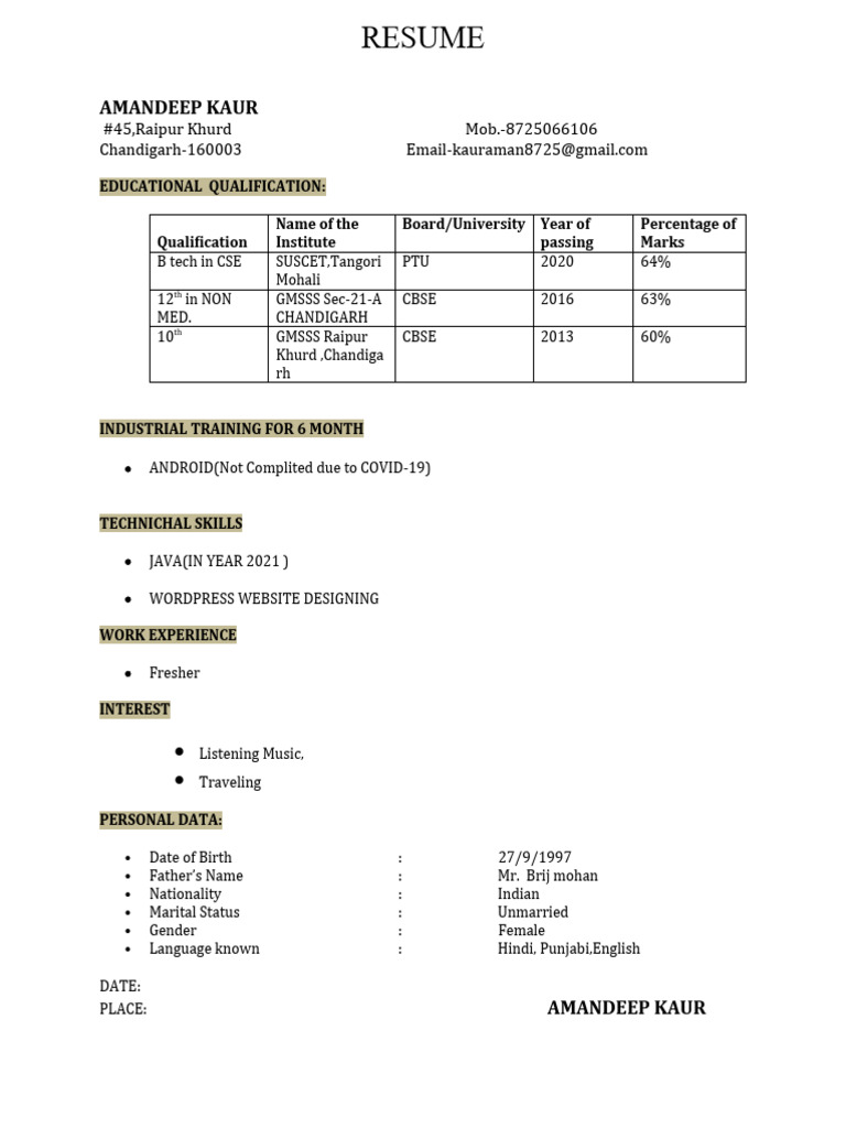 Amandeep Kaur's Resume: CSE Graduate | PDF