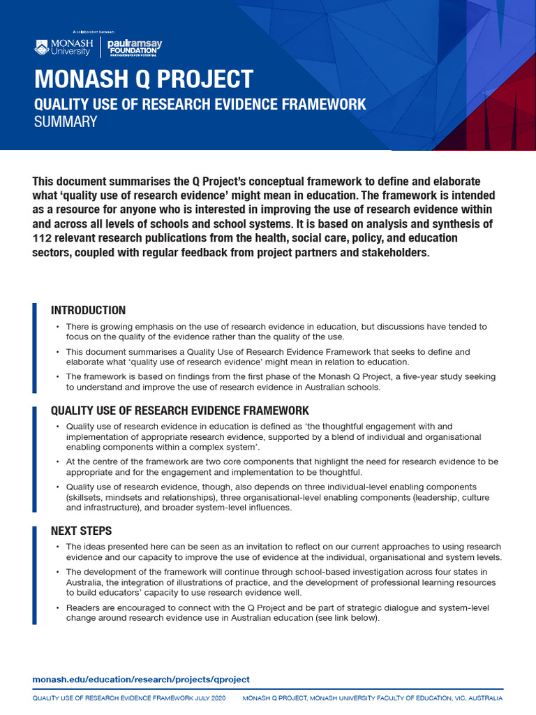 Monash Quality Use of Research Evidence Framework Summary Report | PDF