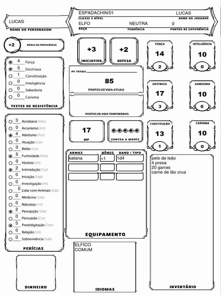 Ficha de RPG Editavel Lucas | PDF | Jogos de RPG