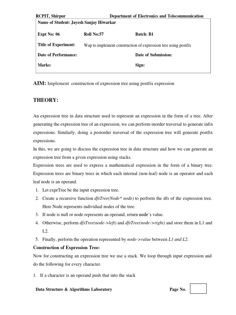 Exp 6 Dsa New1 Pdf Algorithms And Data Structures Computer