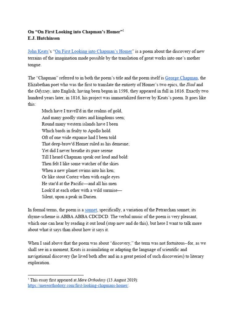 On On First Looking Into Chapmans Homer | PDF | Art | Poetry