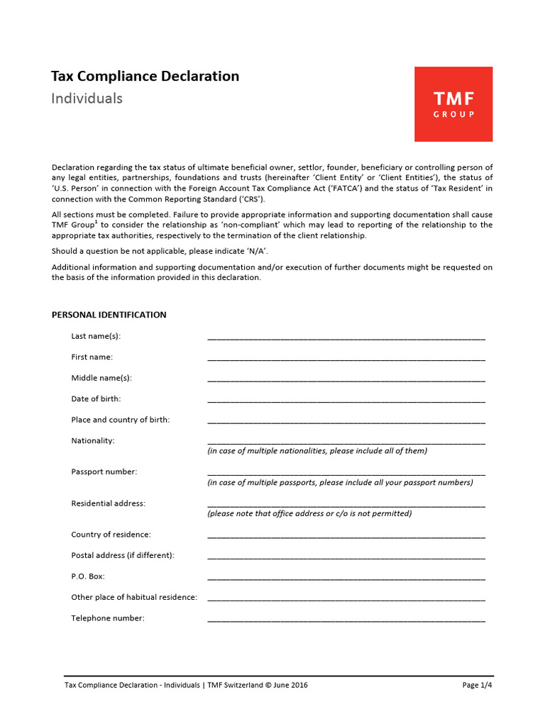 Tax Compliance Declaration (Individuals) | Download Free PDF | Taxes ...