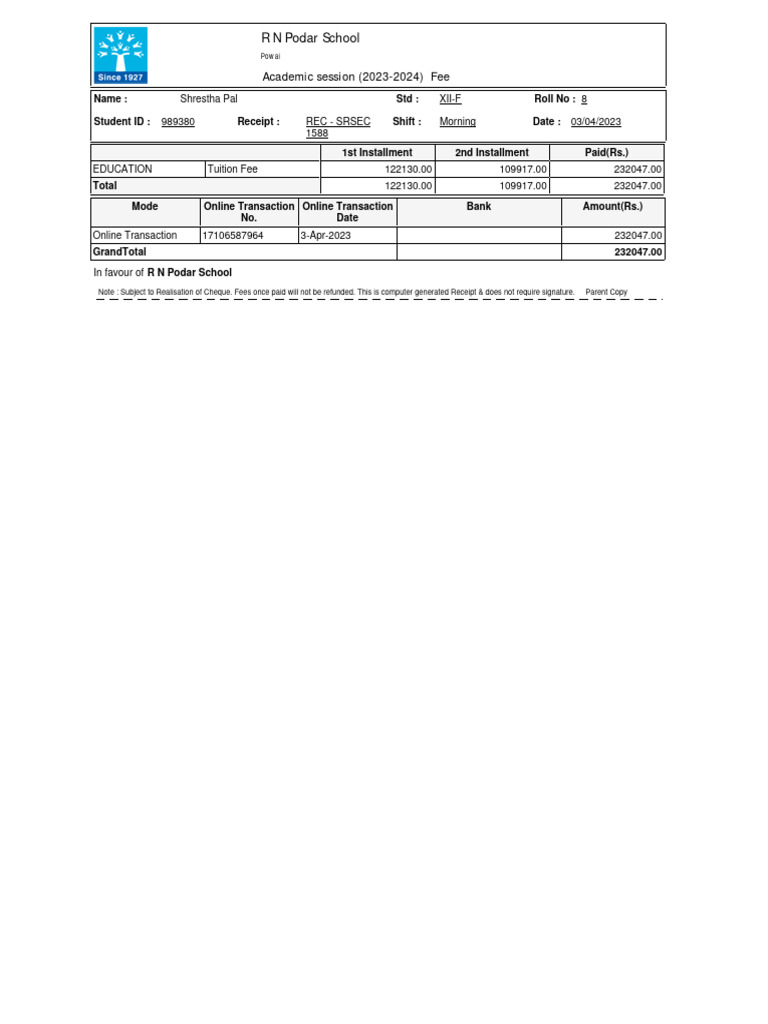 R N Podar School Tuition Fee Receipt | PDF