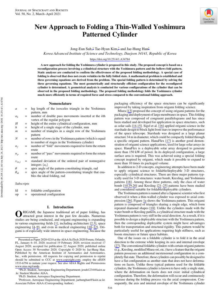 New Approach To Folding A Thin-Walled Yoshimura Patterned Cylinder | PDF