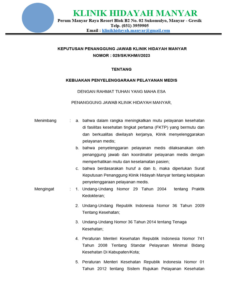 SK Kebijakan Penyelenggaraan Pelayanan Medis KHM | PDF | Sains & Matematika