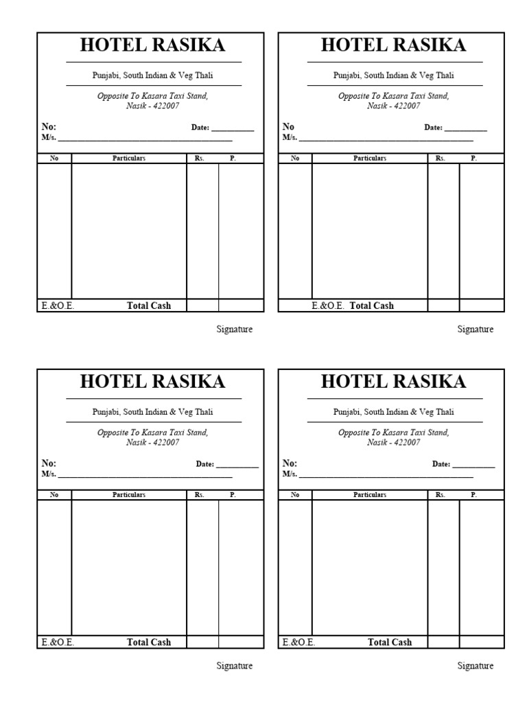 Hotel Rasika Food Bill Format | PDF