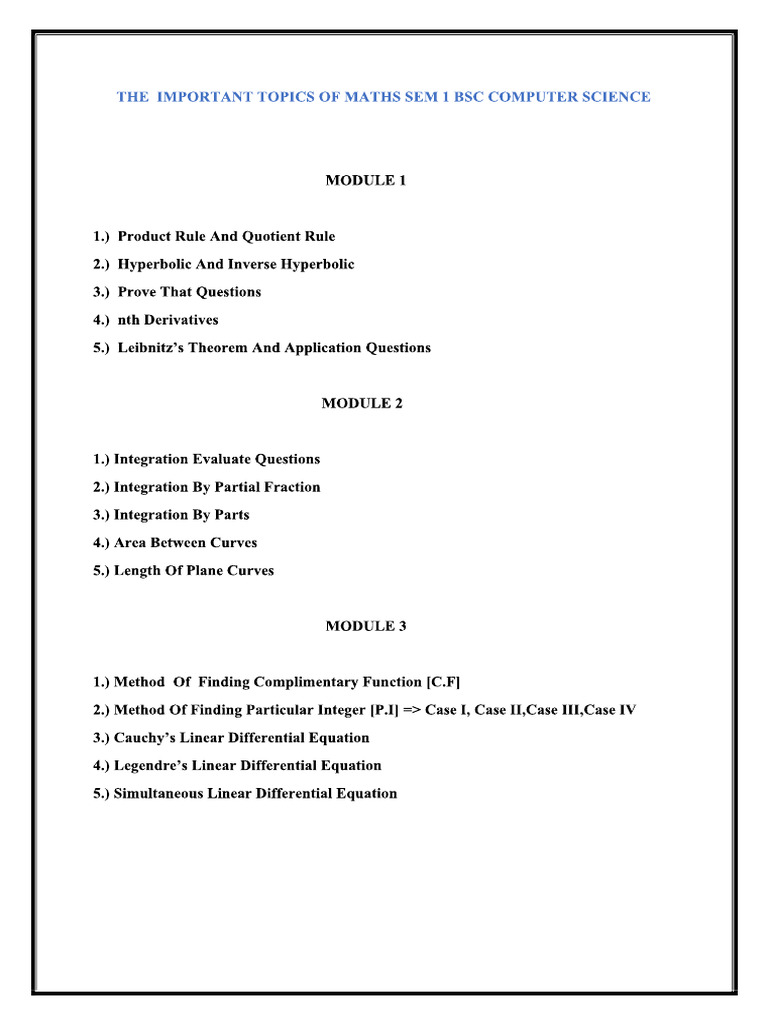Sem 1 Maths Important Topics | PDF