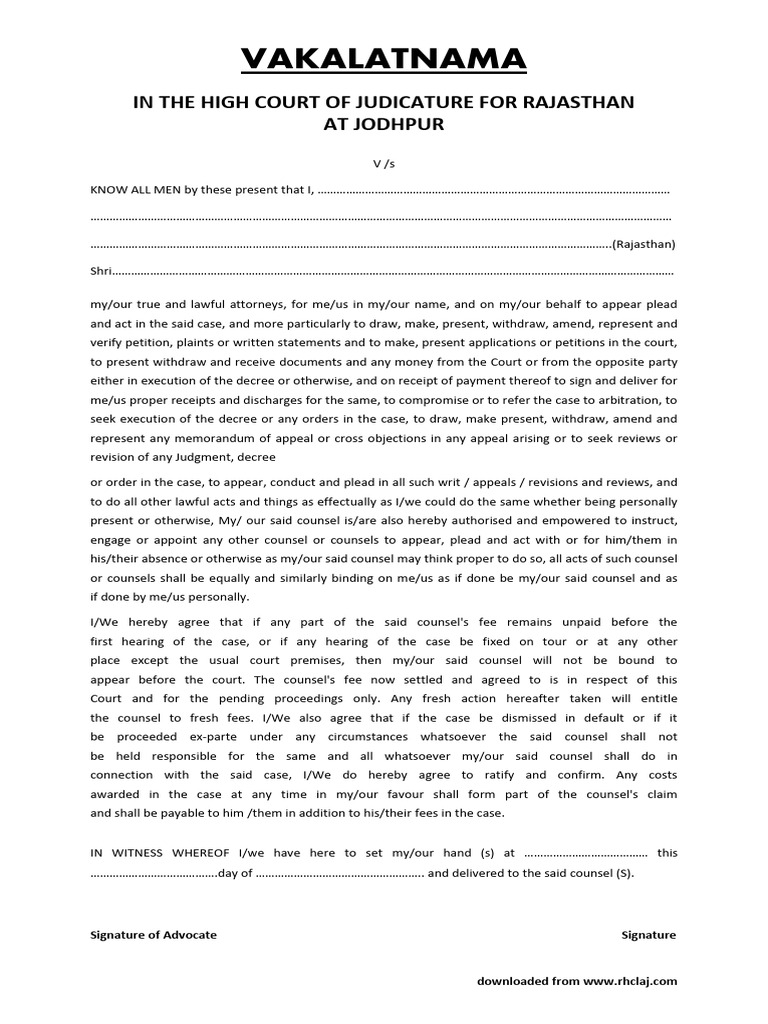 Vakalatnama Format for Rajasthan High Court | PDF | Judgment (Law) | Courts