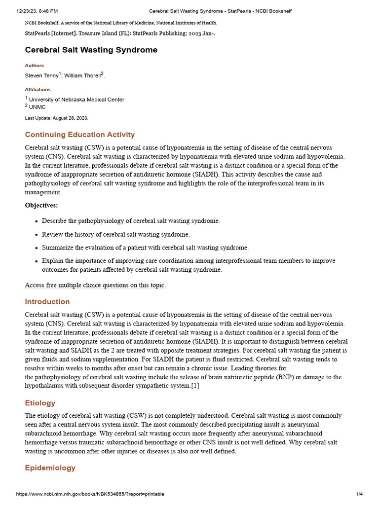 Cerebral Salt Wasting Syndrome Guide | PDF | Diseases And Disorders ...