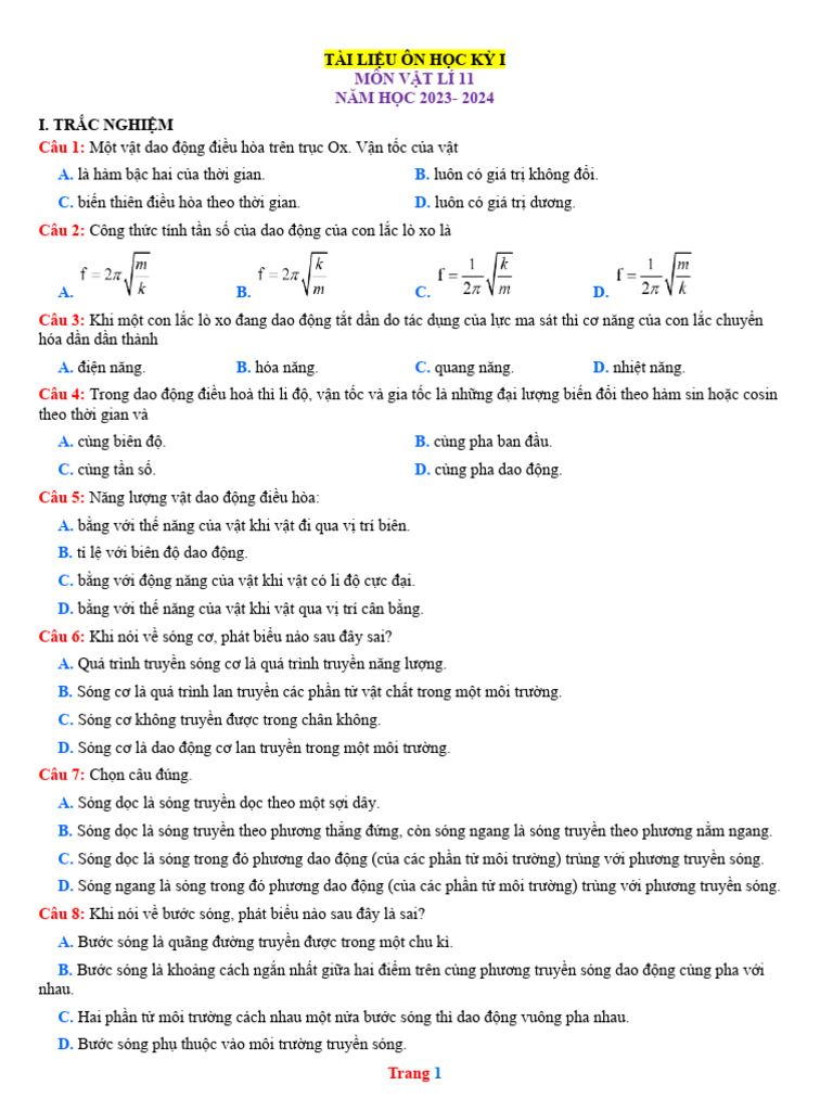On Tap Vat Li 11 HK1 23 24 | PDF