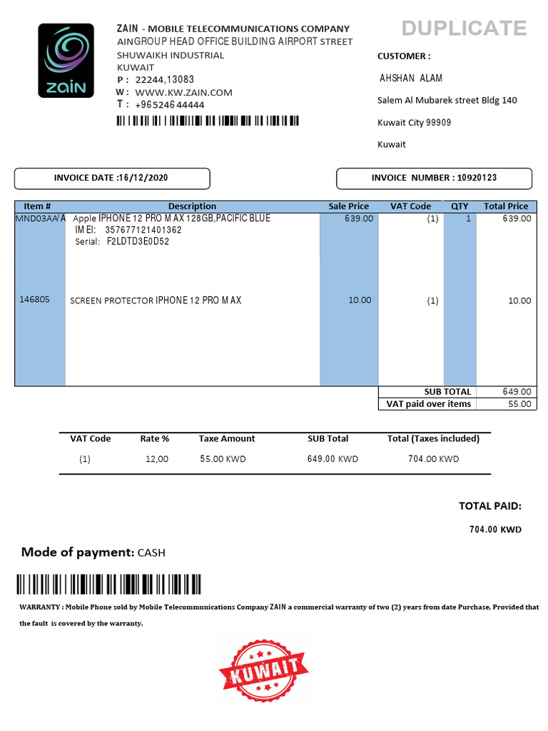MOBILE TELECOMMUNICATIONS Kuwait | PDF | Value Added Tax | Invoice