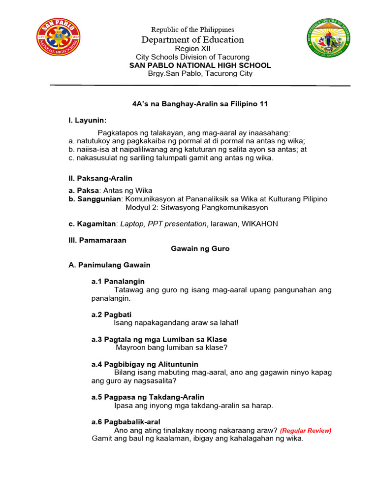 AQUINO FILIPINO 4as Lesson Plan | PDF