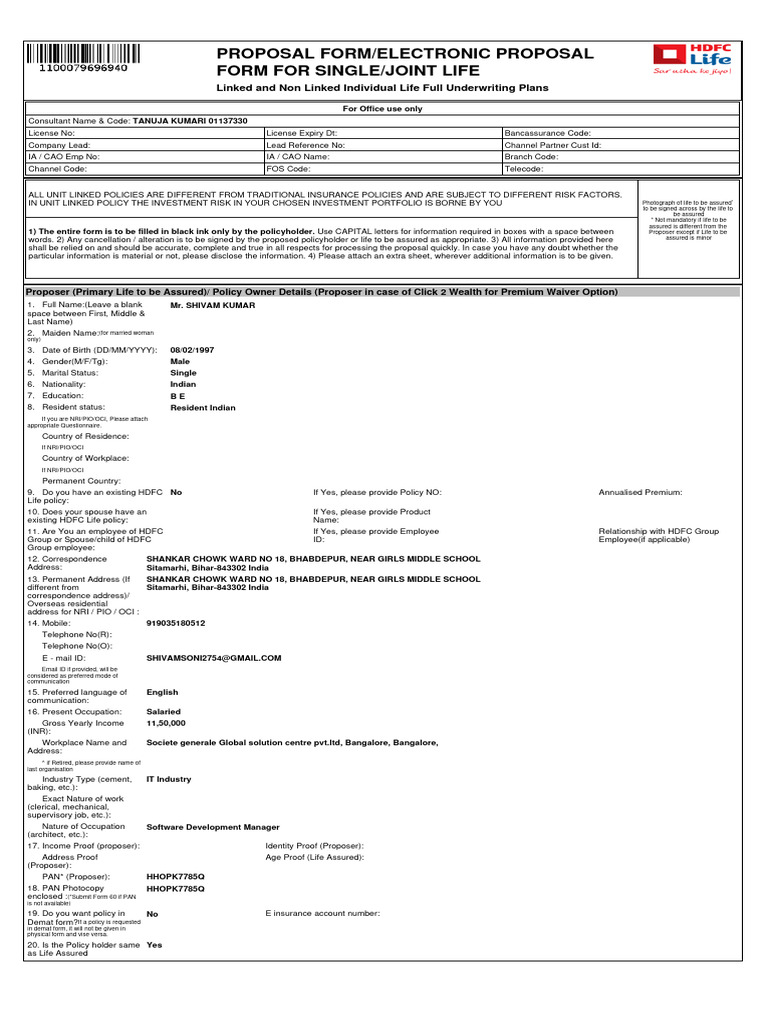 Proposalform | PDF | Insurance | Mental Disorder