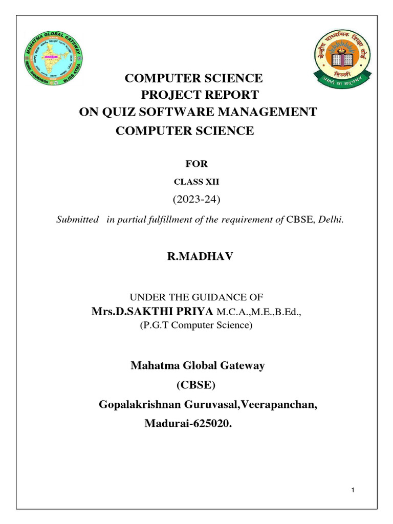 Computer Science Project Report On Quiz Software Management Computer Science | Download Free PDF ...