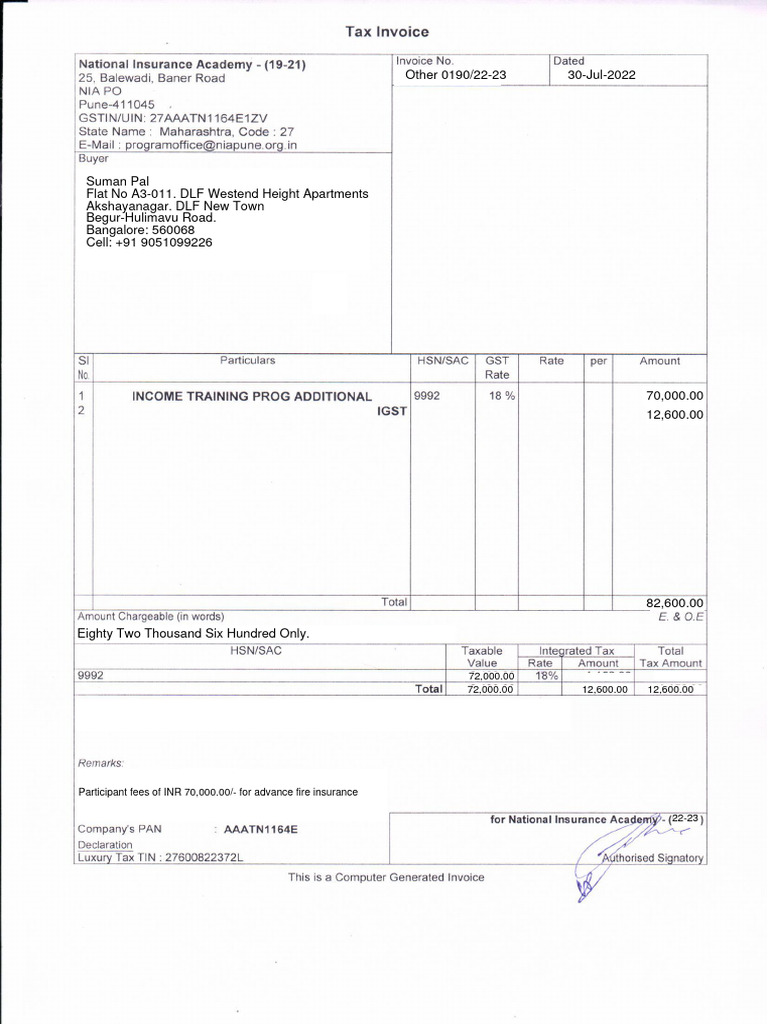 Professional Pursuits Invoice-Suman Pal (FY23) | PDF