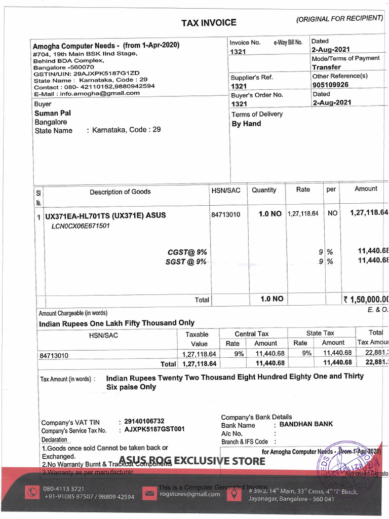Invoice Asus Zenbook Flip S | PDF
