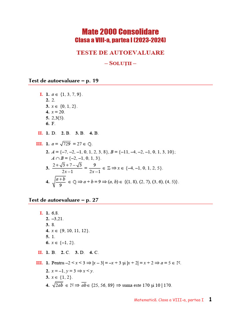 Solutii Teste de Autoevaluare Consolidare Clasa8 p1 2023-2024 | PDF