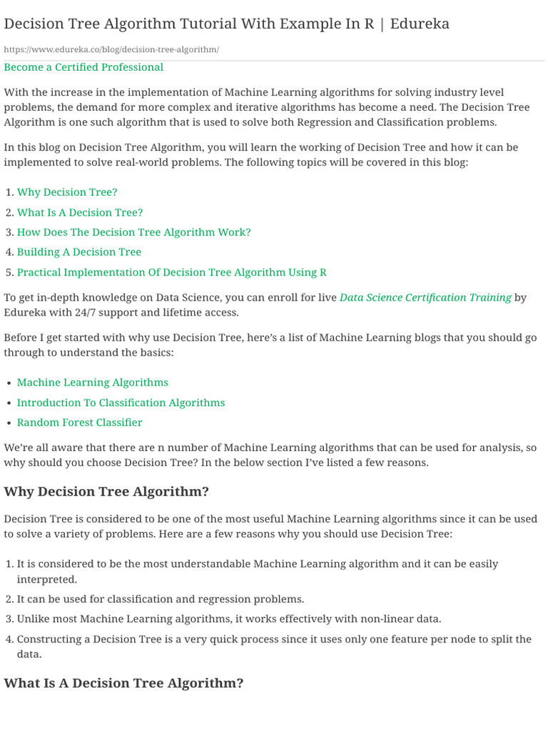 Decision Tree Algorithm Tutorial With Example in R | PDF | Machine Learning | Algorithms