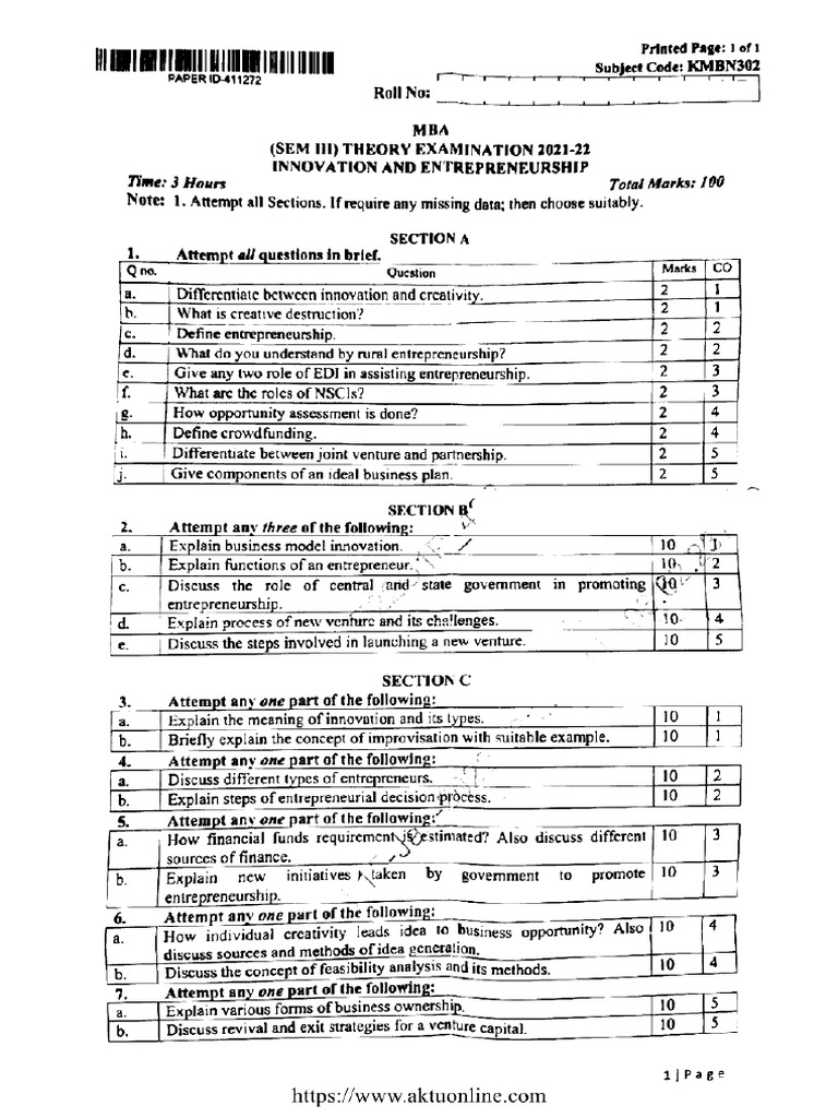 Mba 3 Sem Innovation and Entrepreneurship Kmbn302 2022 | PDF