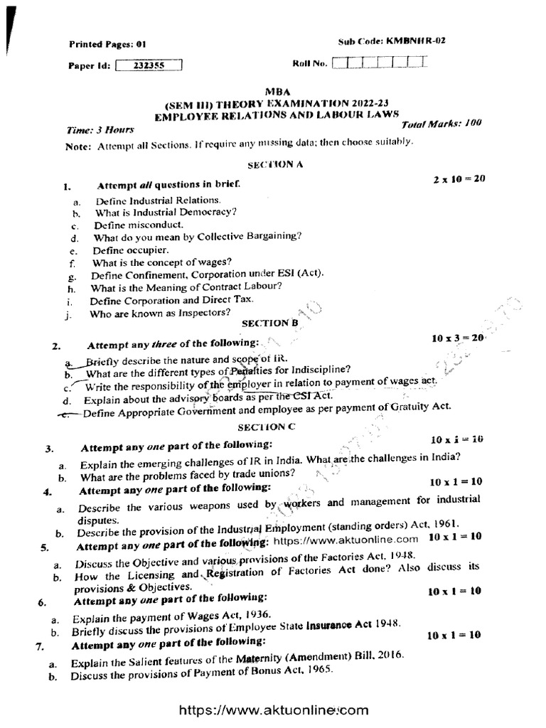 Mba 3 Sem Employee Relations and Labour Laws KMBNHR 02 Feb 2023 | PDF