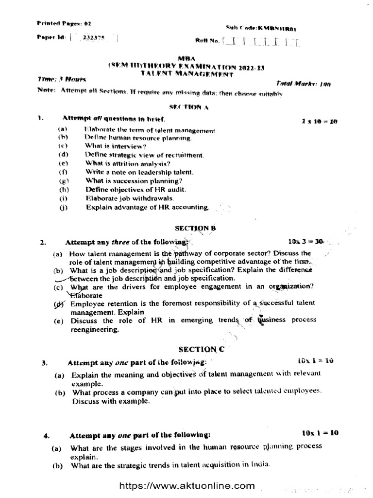 Mba 3 Sem Talent Management Kmbnhr01 Feb 2023 | PDF