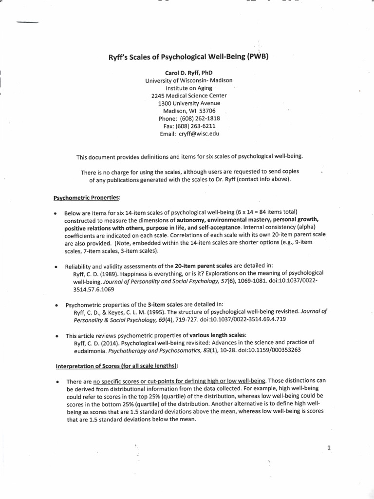 Ryff Scales of Psychological Well Being | PDF