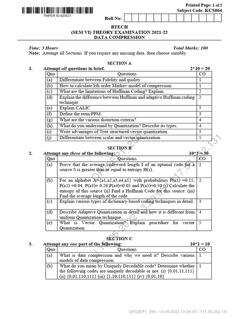 Data Compression KCS064 | PDF | Data Compression | Theoretical Computer Science