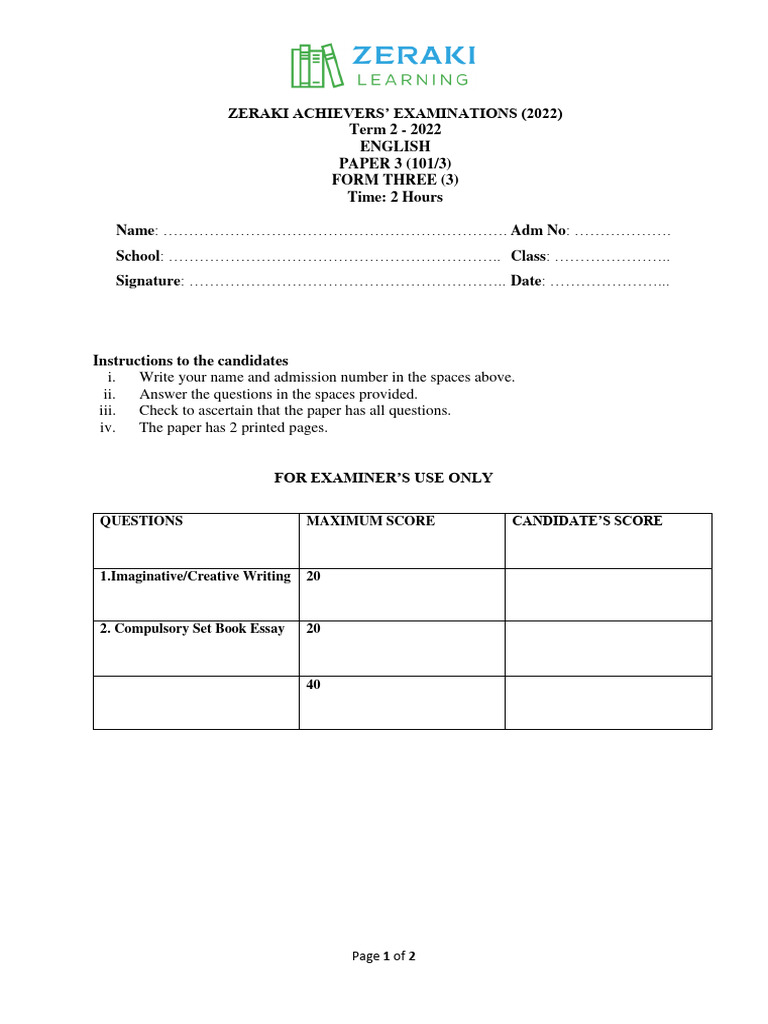 Form 3 English Paper 3 Exam 2022 | PDF