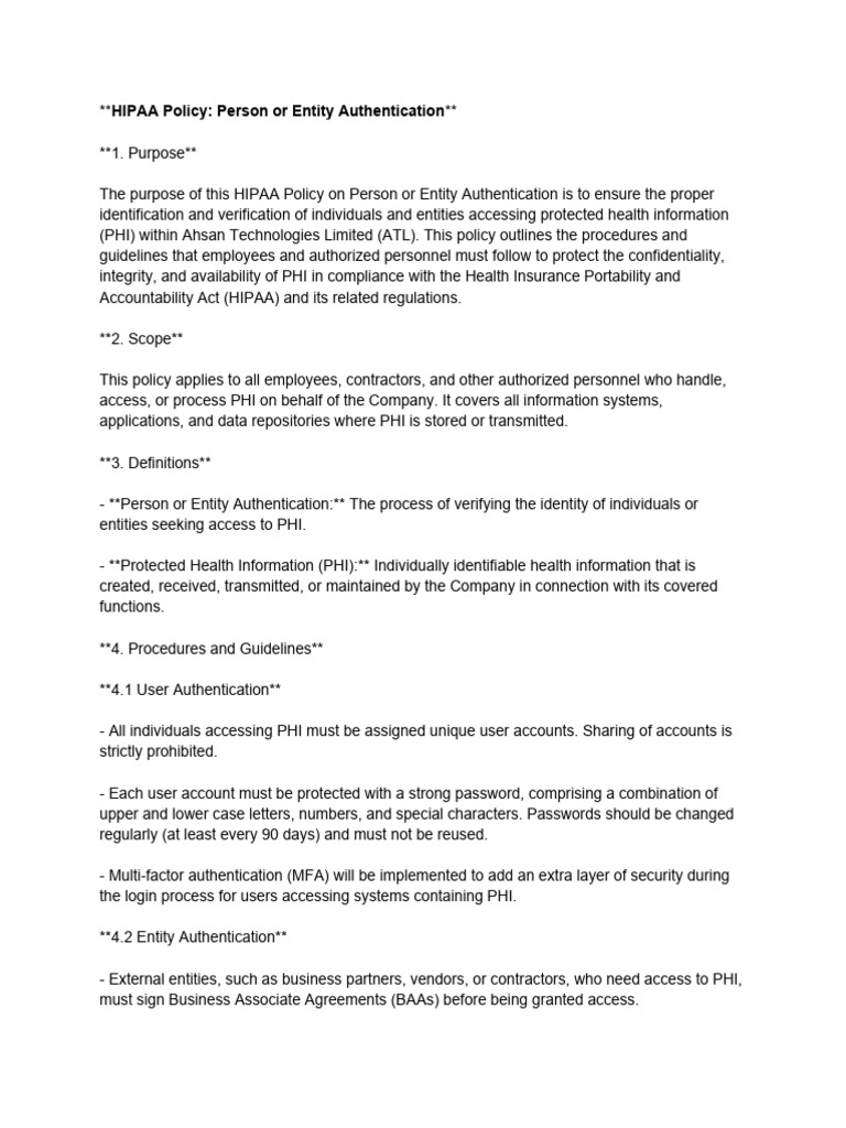 HIPAA Policy - Person or Entity Authentication | PDF | Health Insurance Portability And ...