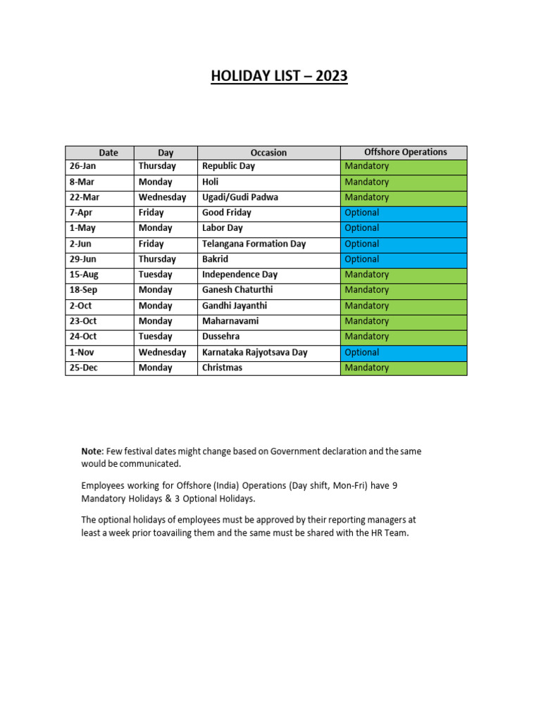 Holiday List 2023 | PDF