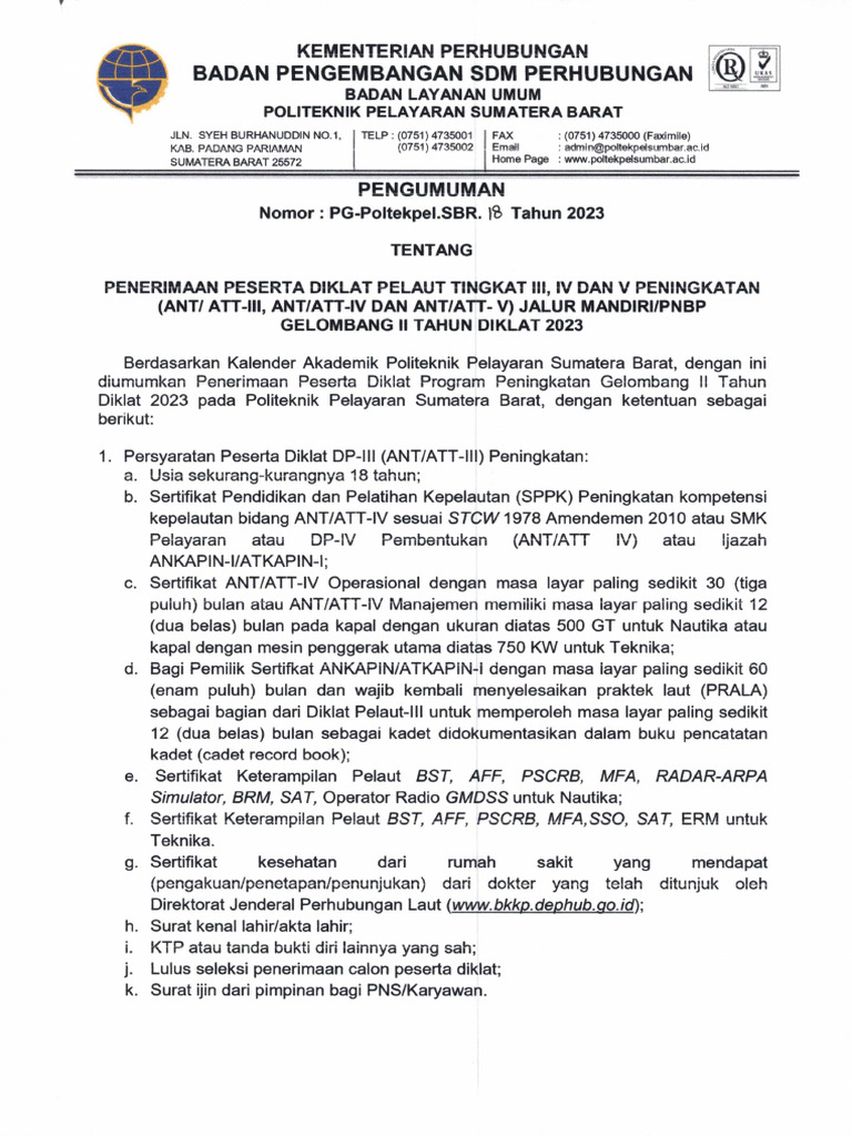PG Penerimaan Peserta Diklat Pelaut Tingkat III IV Dan V Peningkatan Ant Att III Ant Att IV Dan ...