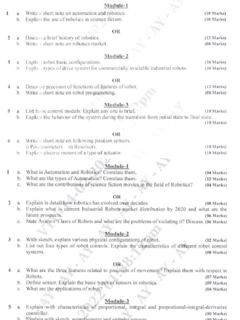 Question Papers From Module 1 To 3 Industrial Robotics | PDF