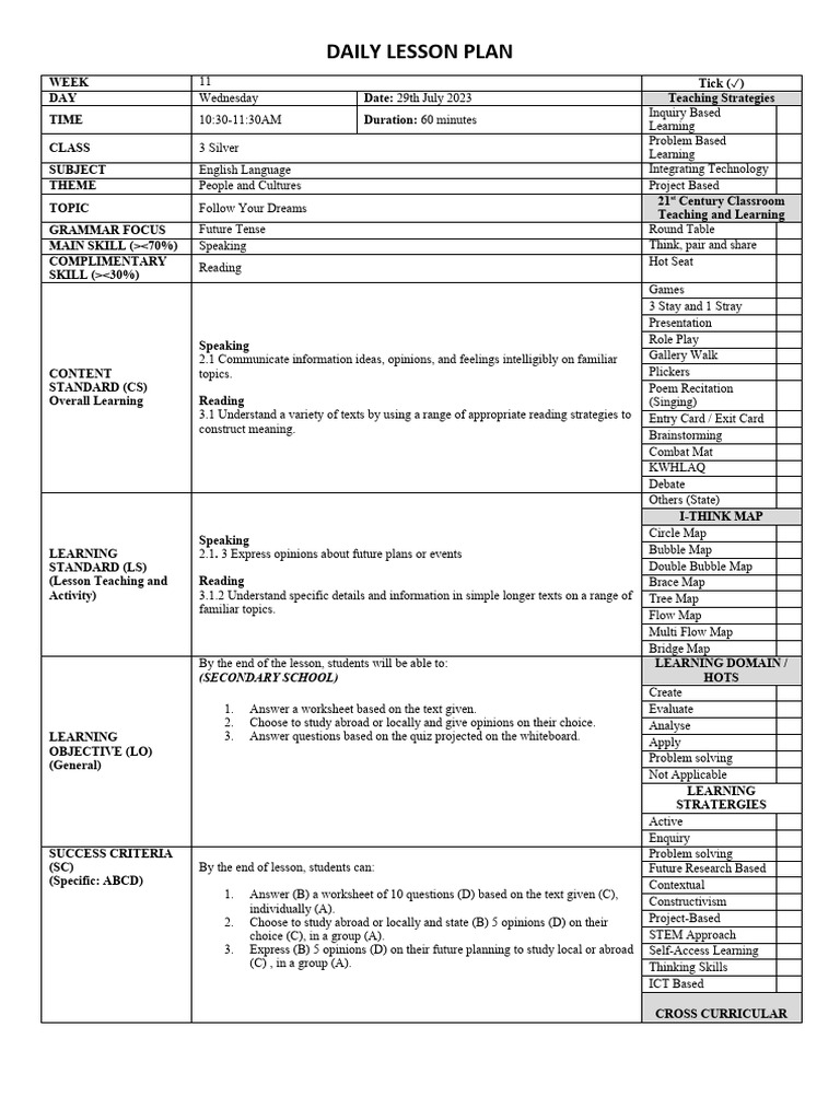 Lesson Plan Toeg | PDF | Lesson Plan | Cognitive Science