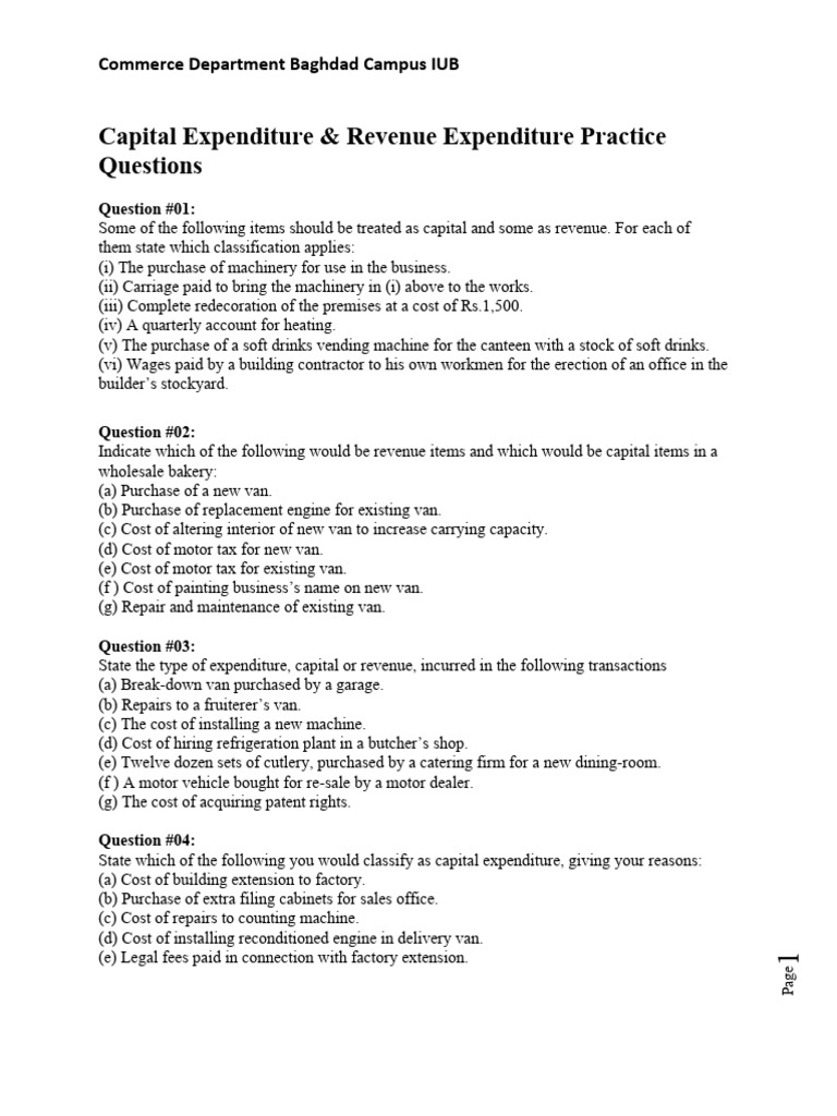 Capital Expenditure and Revenue Expenditure Practice Questions | PDF ...