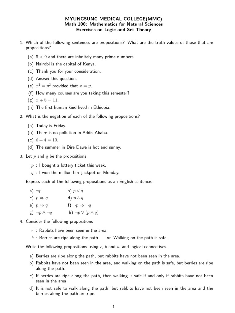 Math 100 - Exercises - On - Chap - 1 | PDF | Mathematics | Proposition