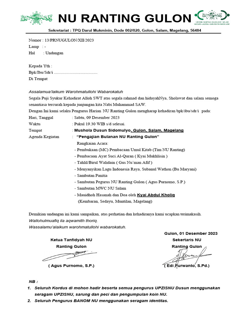 Undangan NU Ranting Gulon Bulan DESEMBER 2023 | PDF