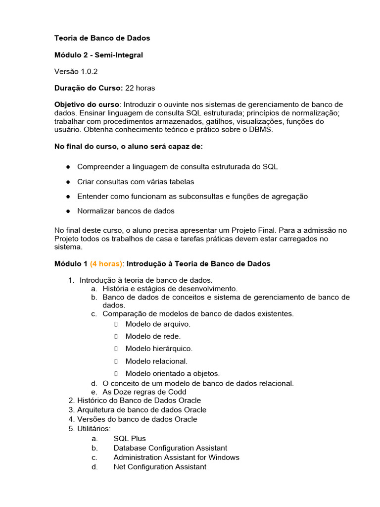 Programa Teoria de Banco de Dados | PDF | SQL | Bancos de dados
