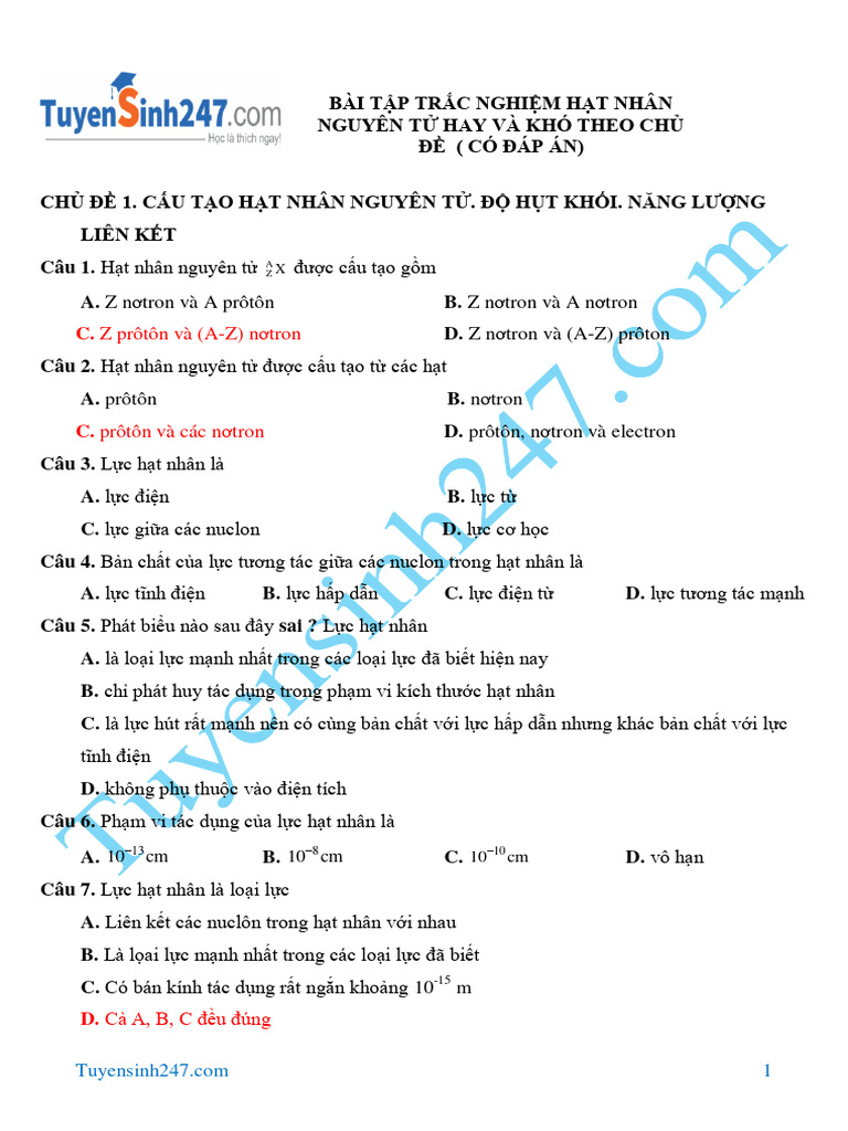 Bai Tap Trac Nghiem Hat Nhan Nguyen Tu Hay Va Kho Theo Chu de Co Dap An | PDF