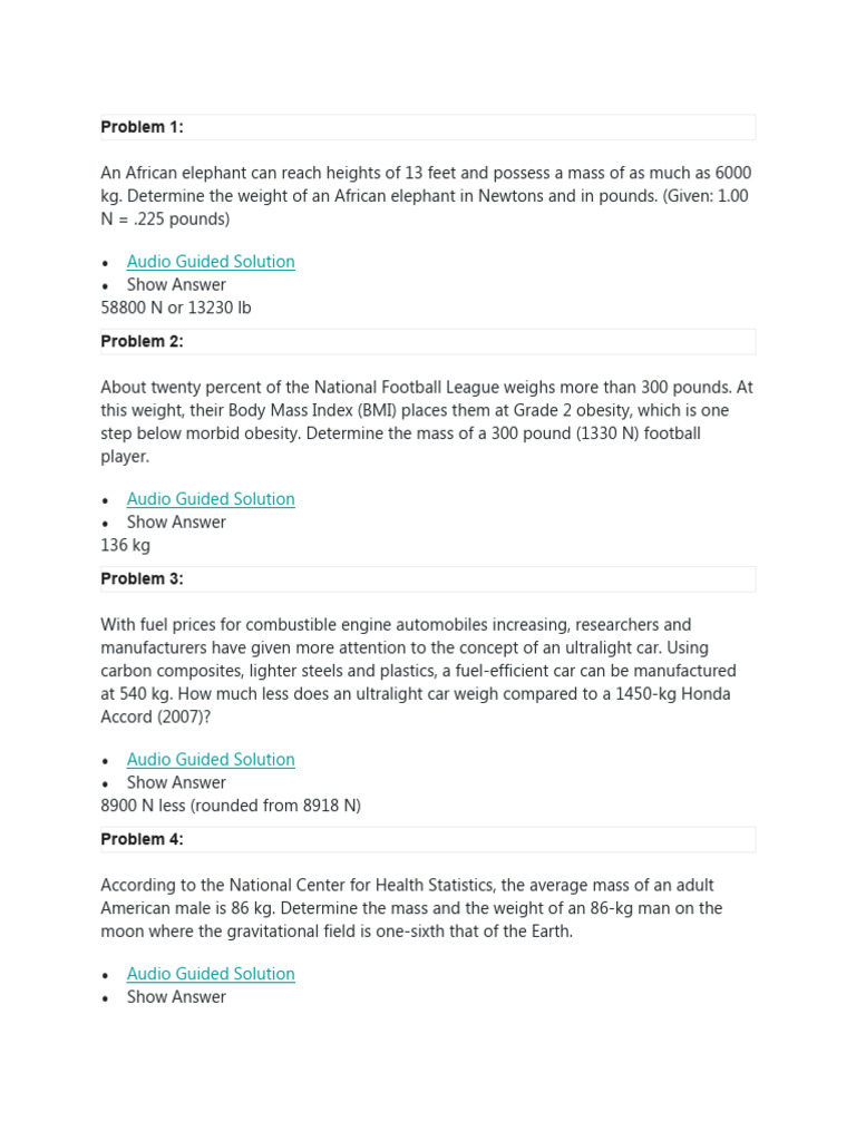 Problem 1 | PDF | Weight | Force
