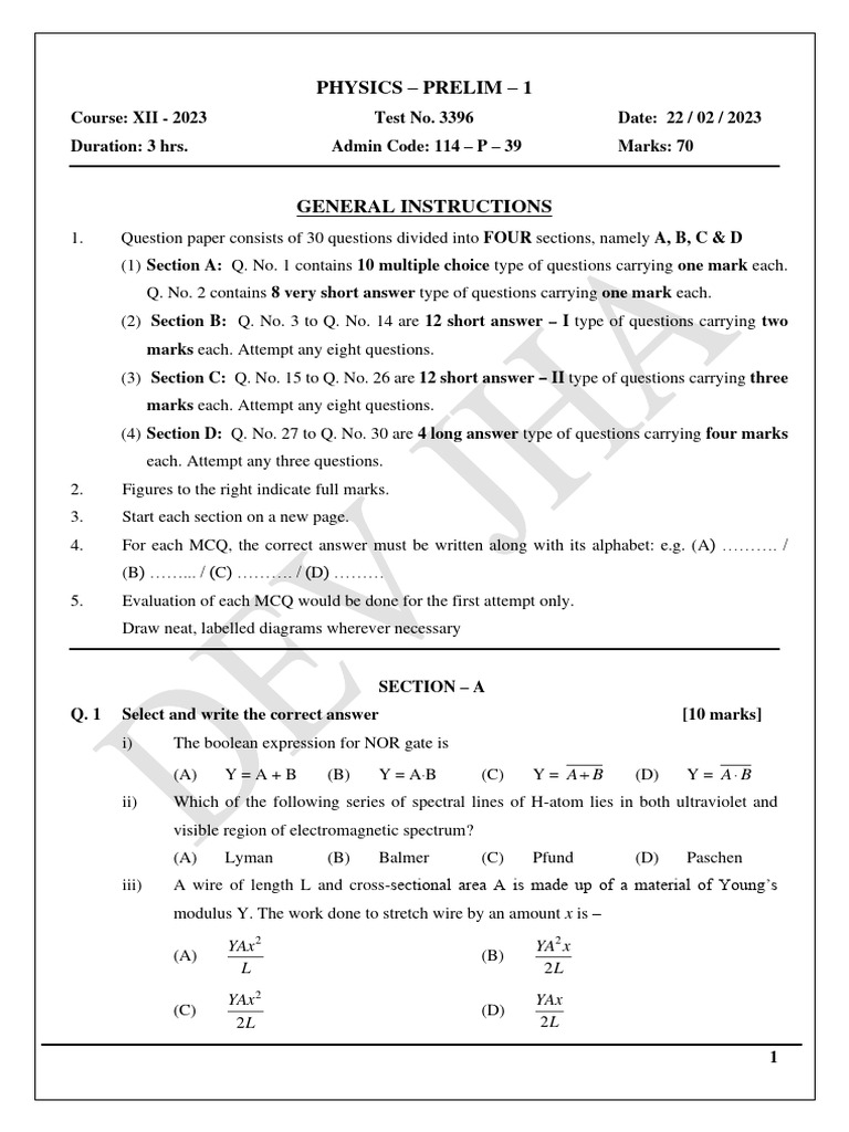Physics Prelim 1-XII-2023-3396-22.02.2023 | PDF | Magnetic Field | Electromagnetic Induction