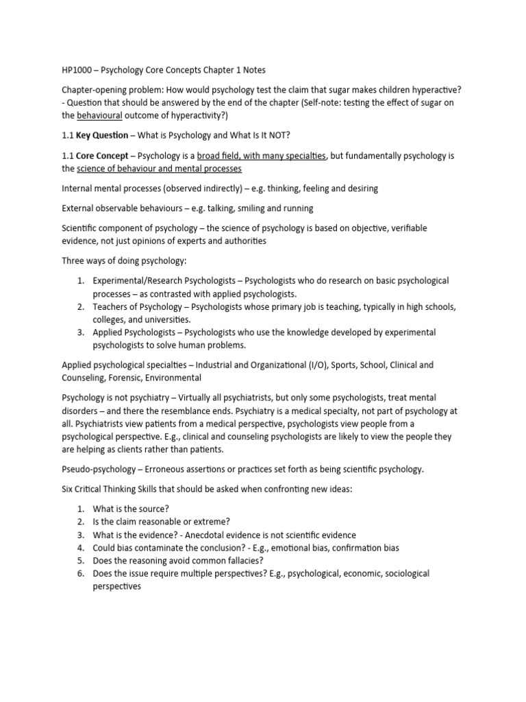 HP1000 Chapter 1 Psychology Core Concepts Notes | PDF | Psychology ...