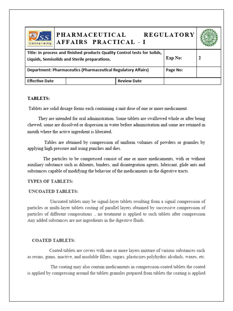 Pharmaceutical Regulatory Affairs Practical - I | PDF | Tablet ...